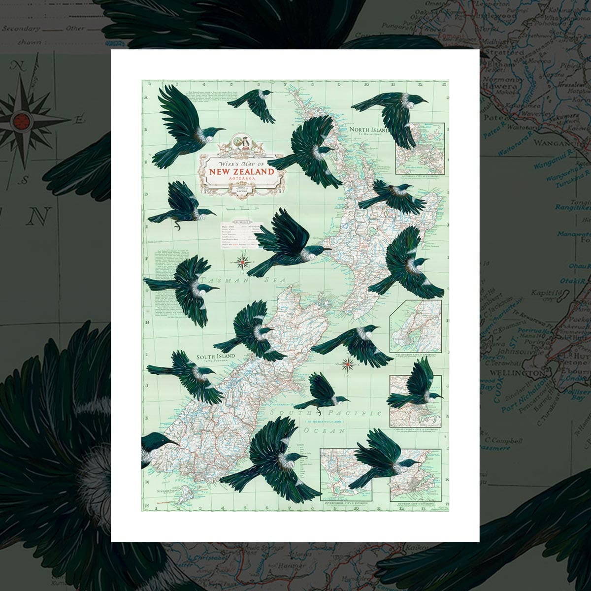 'Wises Map with Tui' art print by Pia Davie – Fishmob - Iconic NZ art ...